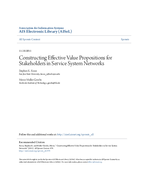 (PDF) Constructing Effective Value Propositions for Stakeholders in ...