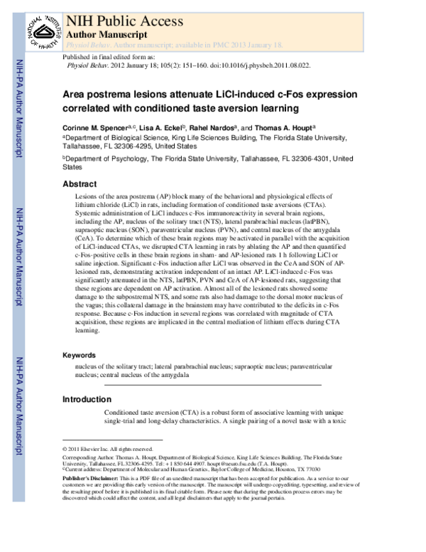 (PDF) Area postrema lesions attenuate LiCl-induced c-Fos expression ...