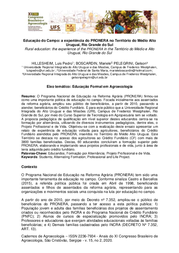 (PDF) Educação do Campo: a experiência do PRONERA no Território do ...