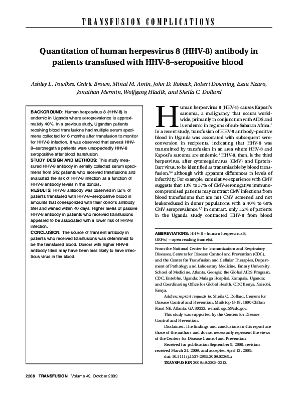 (PDF) Quantitation of human herpesvirus 8 (HHV-8) antibody in patients transfused with HHV-8 ...