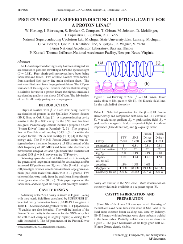 (PDF) Prototyping of a Superconducting Elliptical Cavity for a Proton Linac