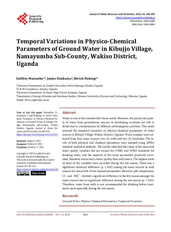 (PDF) Temporal Variations in Physico-Chemical Parameters of Ground Water in Kibujjo Village ...