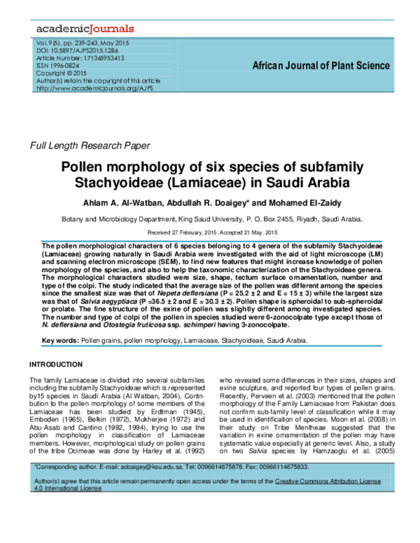 (PDF) Pollen morphology of six species of subfamily Stachyoideae ...