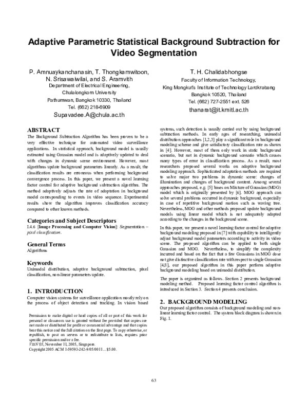 Pdf Adaptive Parametric Statistical Background Subtraction For Video Segmentation Thanarat