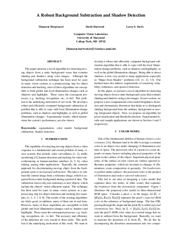 Pdf A Robust Background Subtraction And Shadow Detection 