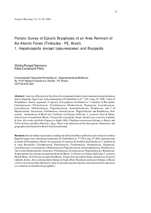 (PDF) Floristic Survey of Epixylic Bryophytes of an Area Remnant of the ...