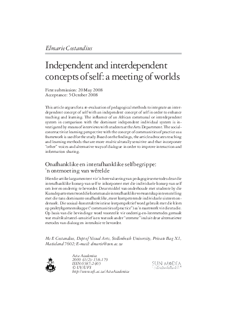 (PDF) Independent and interdependent concepts of self : a meeting of worlds