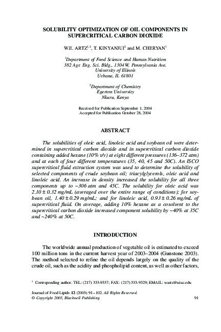(PDF) Solubility Optimization of Oil Components in Supercritical Carbon Dioxide