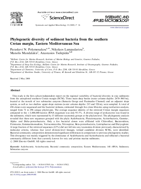 (PDF) Phylogenetic diversity of sediment bacteria from the southern Cretan margin, Eastern ...