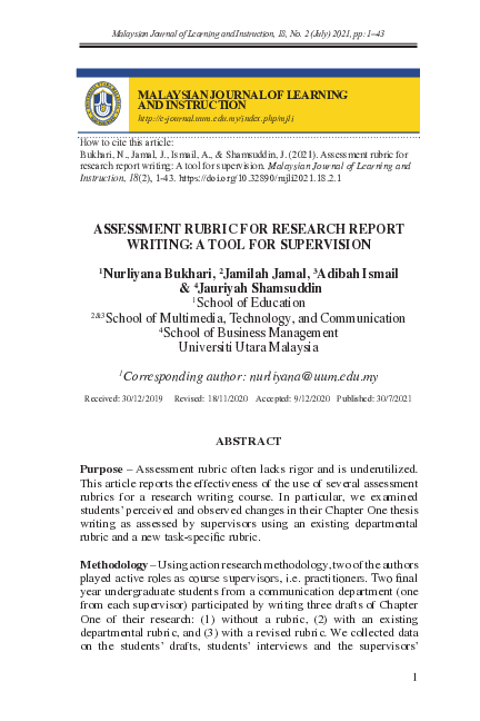 (PDF) Assessment Rubric for Research Report Writing: A Tool for Supervision