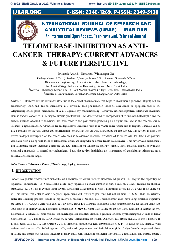 (PDF) TELOMERASE-INHIBITION AS ANTI-CANCER THERAPY: CURRENT ADVANCES & FUTURE PERSPECTIVE