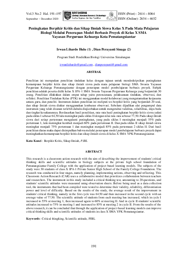 (PDF) Peningkatan Berpikir Kritis dan Sikap Ilmiah Siswa Kelas X Pada Mata Pelajaran Biologi ...