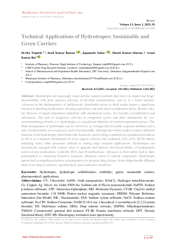 (PDF) Technical Applications of Hydrotropes: Sustainable and Green Carriers