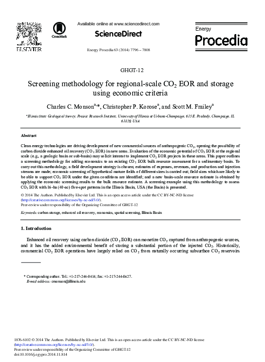 (PDF) Screening Methodology for Regional-scale CO2 EOR and Storage Using Economic Criteria