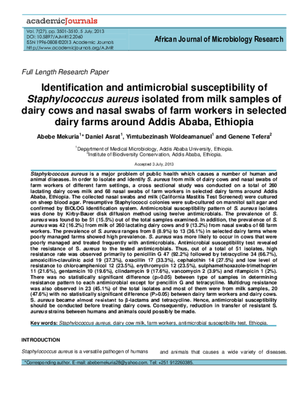 Pdf Identification And Antimicrobial Susceptibility Of Staphylococcus