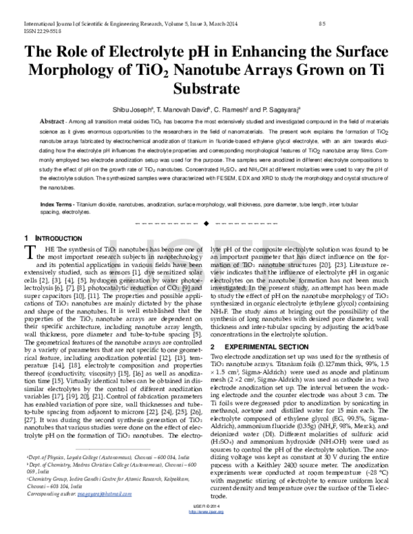 (PDF) The Role of Electrolyte pH in Enhancing the Surface Morphology of TiO 2 Nanotube Arrays ...