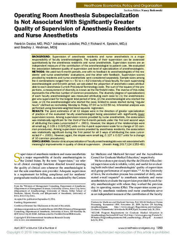 (PDF) Operating Room Anesthesia Subspecialization Is Not Associated ...