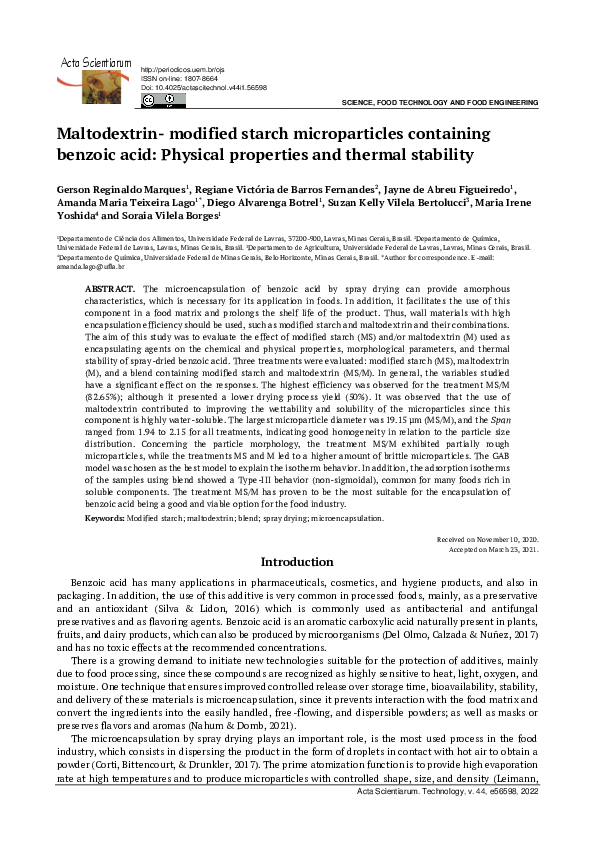 (PDF) Maltodextrin- modified starch microparticles containing benzoic acid: Physical properties ...