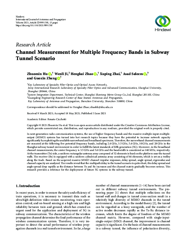 (PDF) Channel Measurement for Multiple Frequency Bands in Subway Tunnel ...