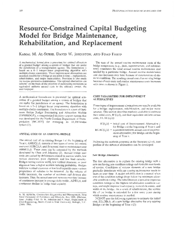 Pdf Resource Constrained Capital Budgeting Model For Bridge