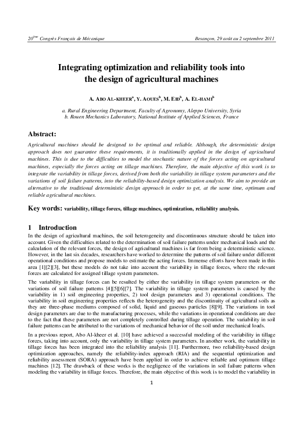 (PDF) Integrating optimization and reliability tools into the design of agricultural machines