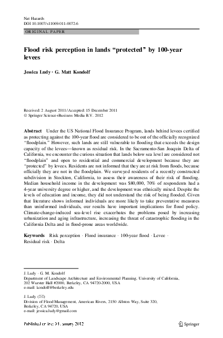 (PDF) Flood risk perception in lands “protected” by 100-year levees