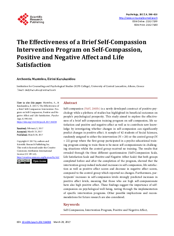 (PDF) The Effectiveness of a Brief Self-Compassion Intervention Program on Self-Compassion ...