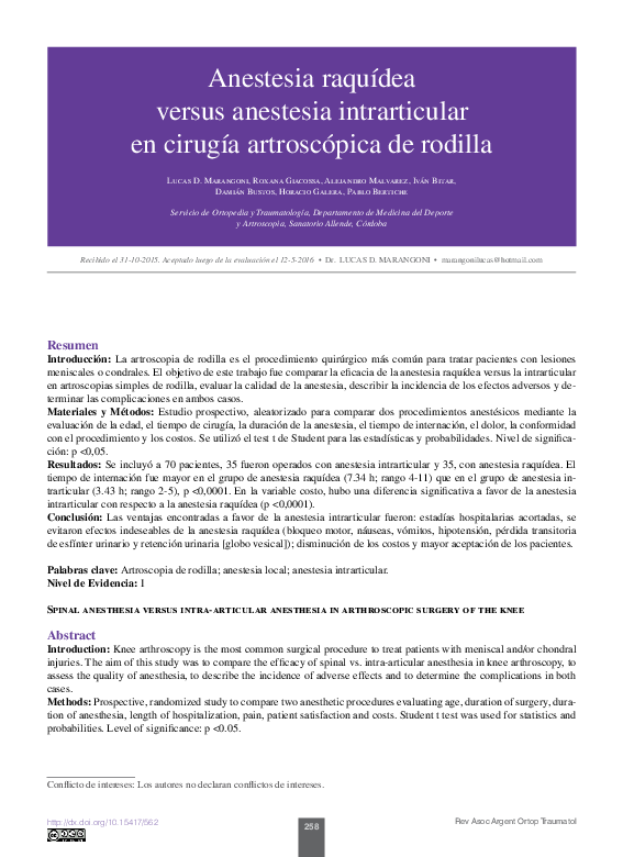 (PDF) Anestesia raquídea versus anestesia intrarticular en cirugía ...