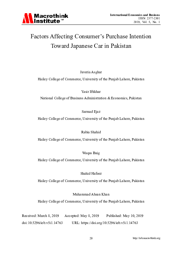 (PDF) Factors Affecting Consumer’s Purchase Intention Toward Japanese Car in Pakistan
