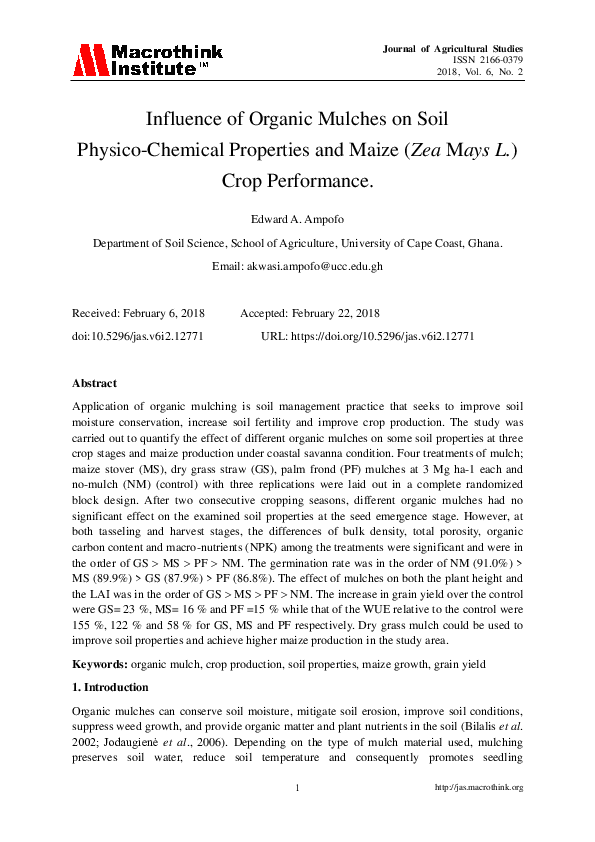 (PDF) Influence of Organic Mulches on Soil Physico-Chemical Properties and Maize (Zea Mays L ...