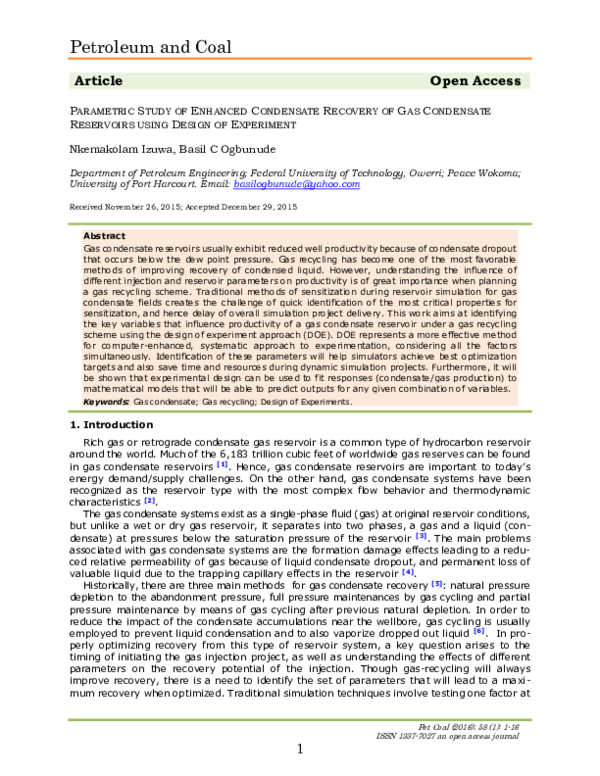 (PDF) Article Open Access PARAMETRIC STUDY OF ENHANCED CONDENSATE RECOVERY OF GAS CONDENSATE ...