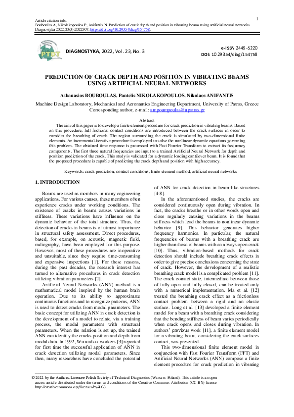 Pdf Prediction Of Crack Depth And Position In Vibrating Beams Using Artificial Neural Networks