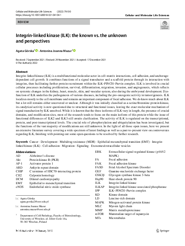 (PDF) Integrin-linked kinase (ILK): the known vs. the unknown and ...