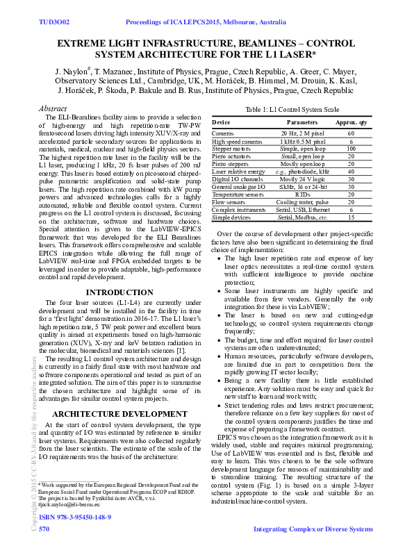 (PDF) Extreme Light Infrastructure, Beamlines - Control System Architecture for the L1 Laser