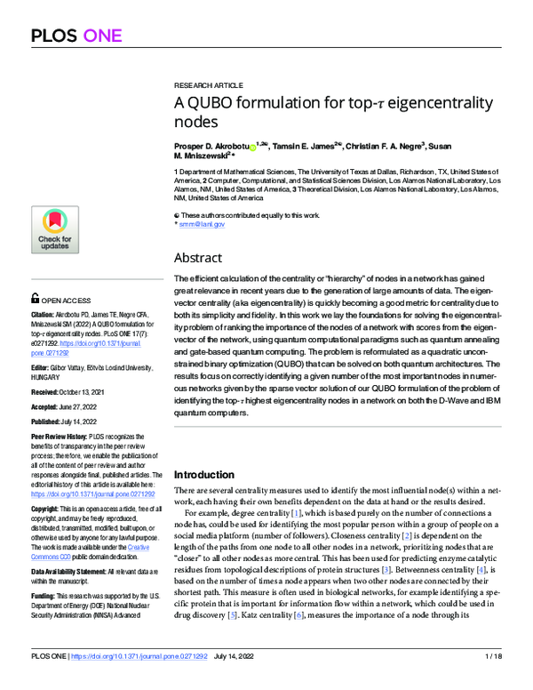 (PDF) A QUBO formulation for top-τ eigencentrality nodes