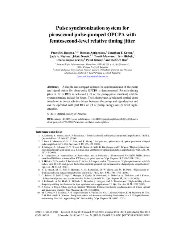 (PDF) Pulse synchronization system for picosecond pulse-pumped OPCPA ...