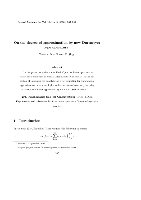 Pdf On The Degree Of Approximation By New Durrmeyer Type Operators
