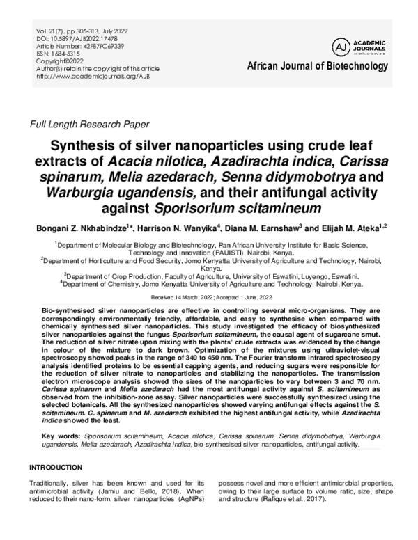 (PDF) Synthesis of silver nanoparticles using crude leaf extracts of Acacia nilotica ...