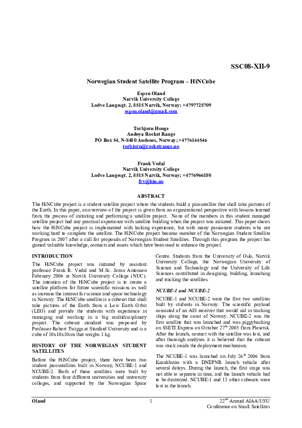 (PDF) Norwegian Student Satellite Program – HiNC Cube