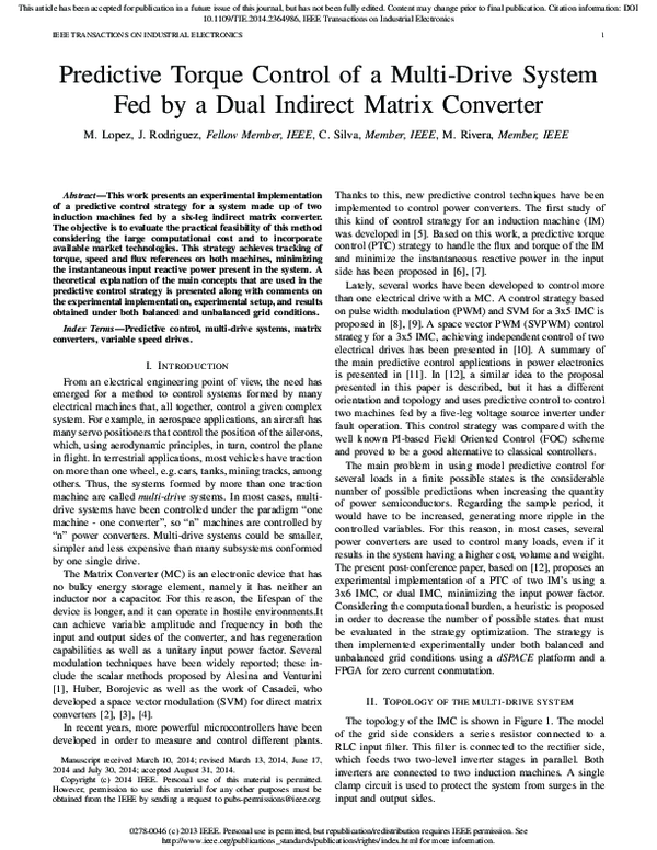 Pdf Predictive Torque Control Of A Multi Drive System Fed By A Six Leg Indirect Matrix Converter