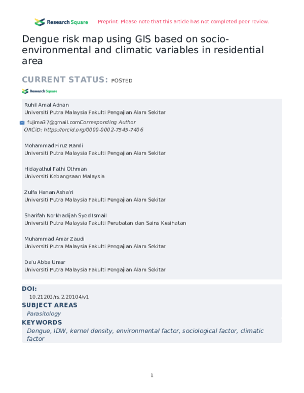 (PDF) Dengue risk map using GIS based on socio-environmental and ...