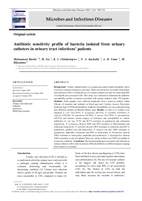 (PDF) Antibiotic Sensitivity Profile of Bacteria Isolated from Urinary Catheters in Urinary ...