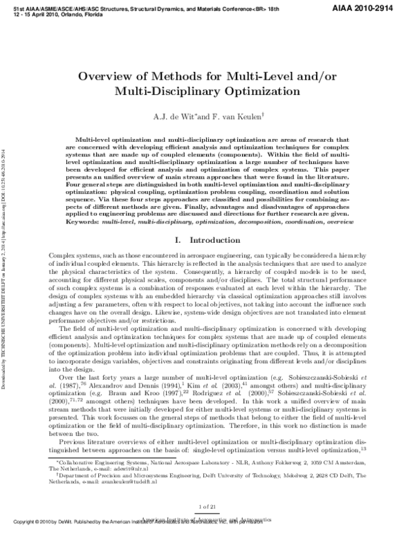 (PDF) Overview of Methods for Multi-Level and/or Multi-Disciplinary Optimization