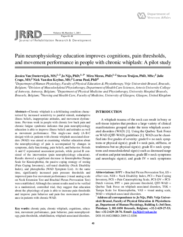 (PDF) Pain Education Enhances Outcomes in Chronic WAD