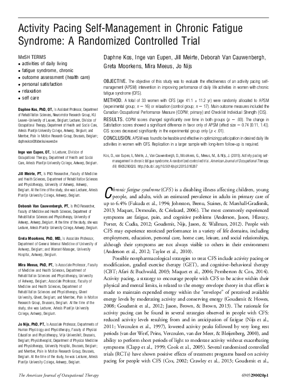 (PDF) Activity Pacing Self-Management in Chronic Fatigue Syndrome: A ...