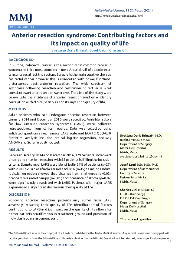(PDF) Anterior resection syndrome : contributing factors and its impact ...