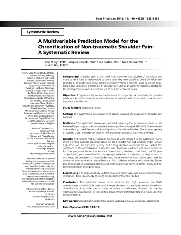 (PDF) A Multivariable Prediction Model for the Chronification of Non ...