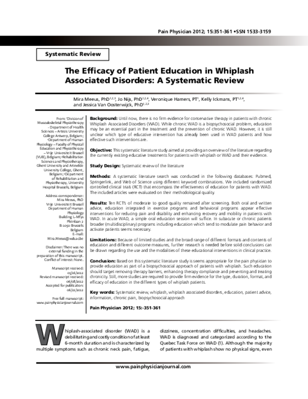 (PDF) The Efficacy of Patient Education in Whiplash Associated ...