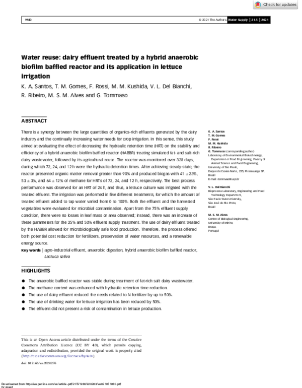 (PDF) Water reuse: dairy effluent treated by a hybrid anaerobic biofilm baffled reactor and its ...