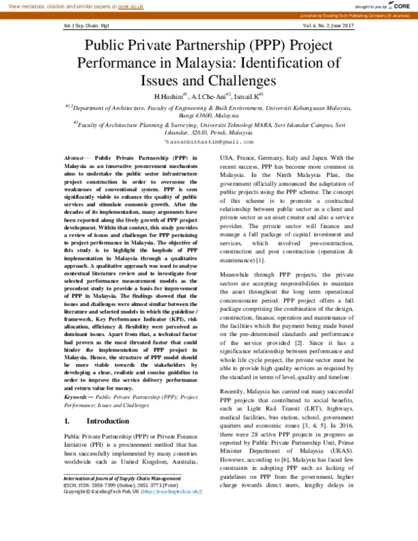 (PDF) Public Private Partnership (PPP) project performance in Malaysia ...